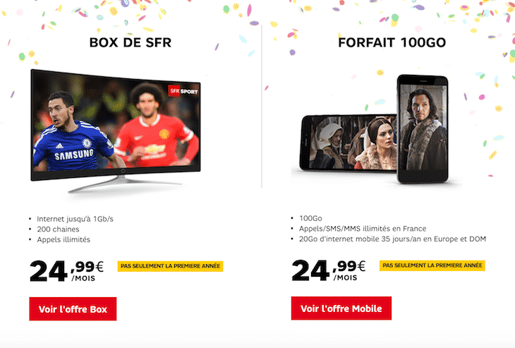 30 ans SFR : 2 forfaits à 24,99€ à vie (Mobile 100 go ou Box) - alloforfait.fr